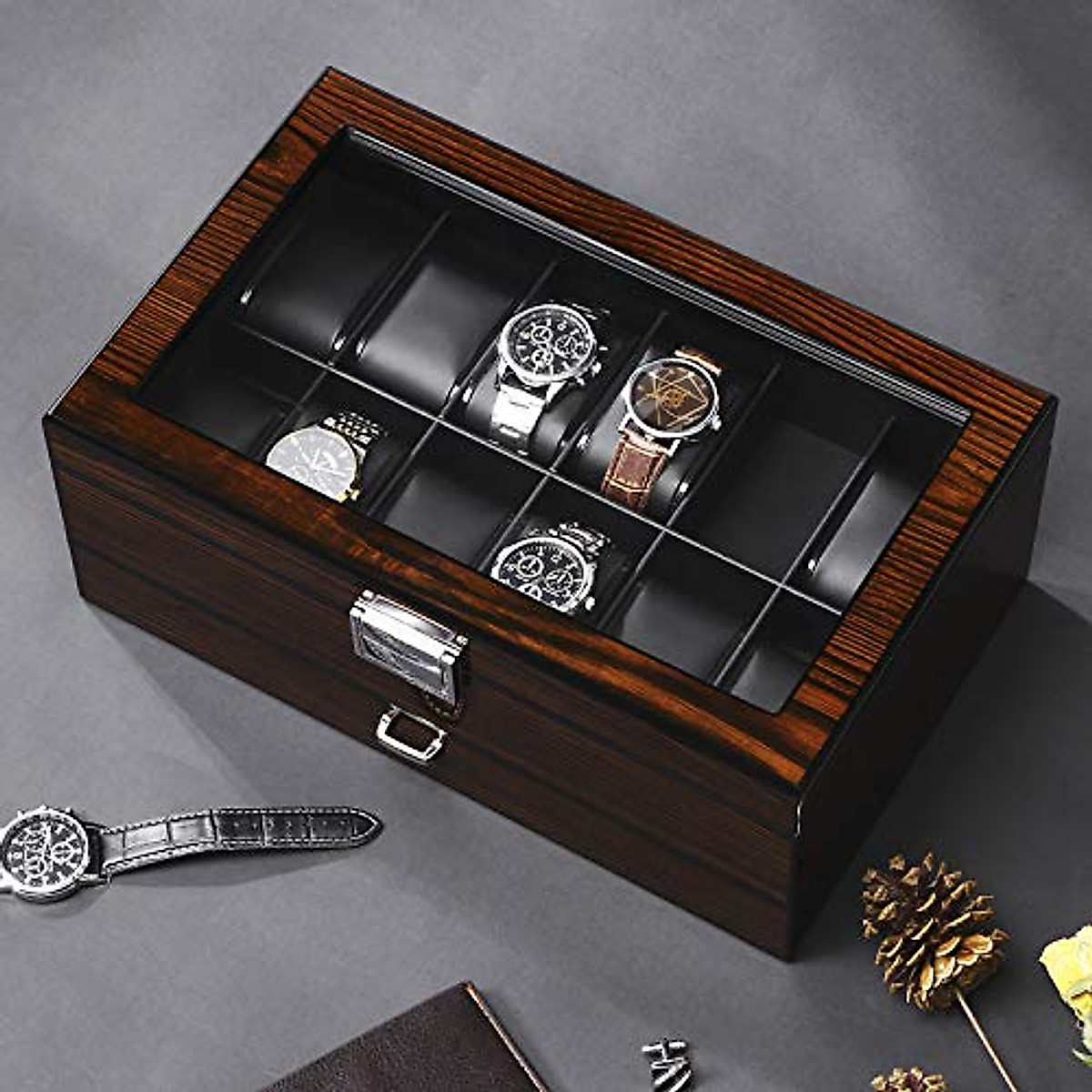 BEWISHOME 12 Watch Box with Valet Drawer, Luxury Watch Case,Watch Organizer for Mens Accessories with Real Glass Top,Metal Hinge, Brown SSH02Y