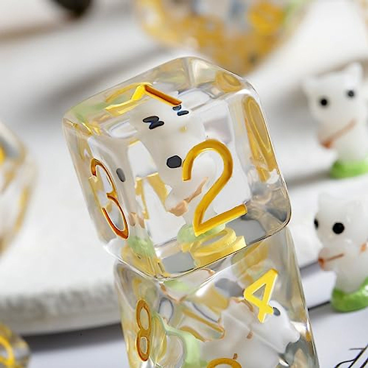 White Cat Gaming Dice Set D&D, DNDND 7PCS Resin DND Dice with Velvet Bag for Dungeons and Dragons Role Playing Games and Tabletop Games（White Cat