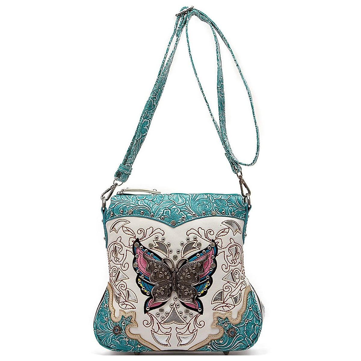 Western Style Butterfly Tooled Leather Women Purse Cross Body Handbag Concealed Carry Single Shoulder Bag (Turquoise)