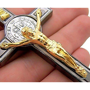 LM Black Enamel Gold Tone Saint Benedict Icon Cross Crucifix Pendant, 3 Inch