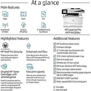 HP Laserjet Pro MFP M428fdw All-in-One Wireless Monochrome Laser Printer, White - Print Scan Copy Fax - 40 ppm, 1200 x 1200 dpi, Auto Duplex Printing, 50-Sheet ADF, Ethernet, Cbmoun Printer_Cable