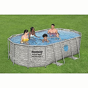 Bestway 56715E Power Steel Swim Vista 14' x 8'2" x 39.5" Outdoor Oval Above Ground Swimming Pool Set with 530 GPH Filter Pump, Cover, & Ladder