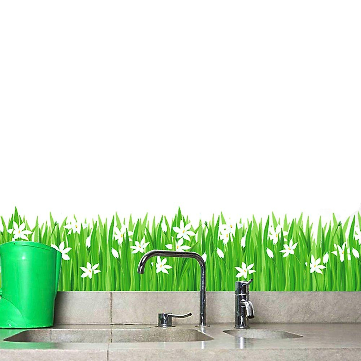 BIBITIME Green Grass White Flower Wall Border Decal Vinyl Sticker Peel and Stick Home Art PVC Murals for Living Room Kitchen Bathroom Window Door Nursery Bedroom Children Kids Room Decor