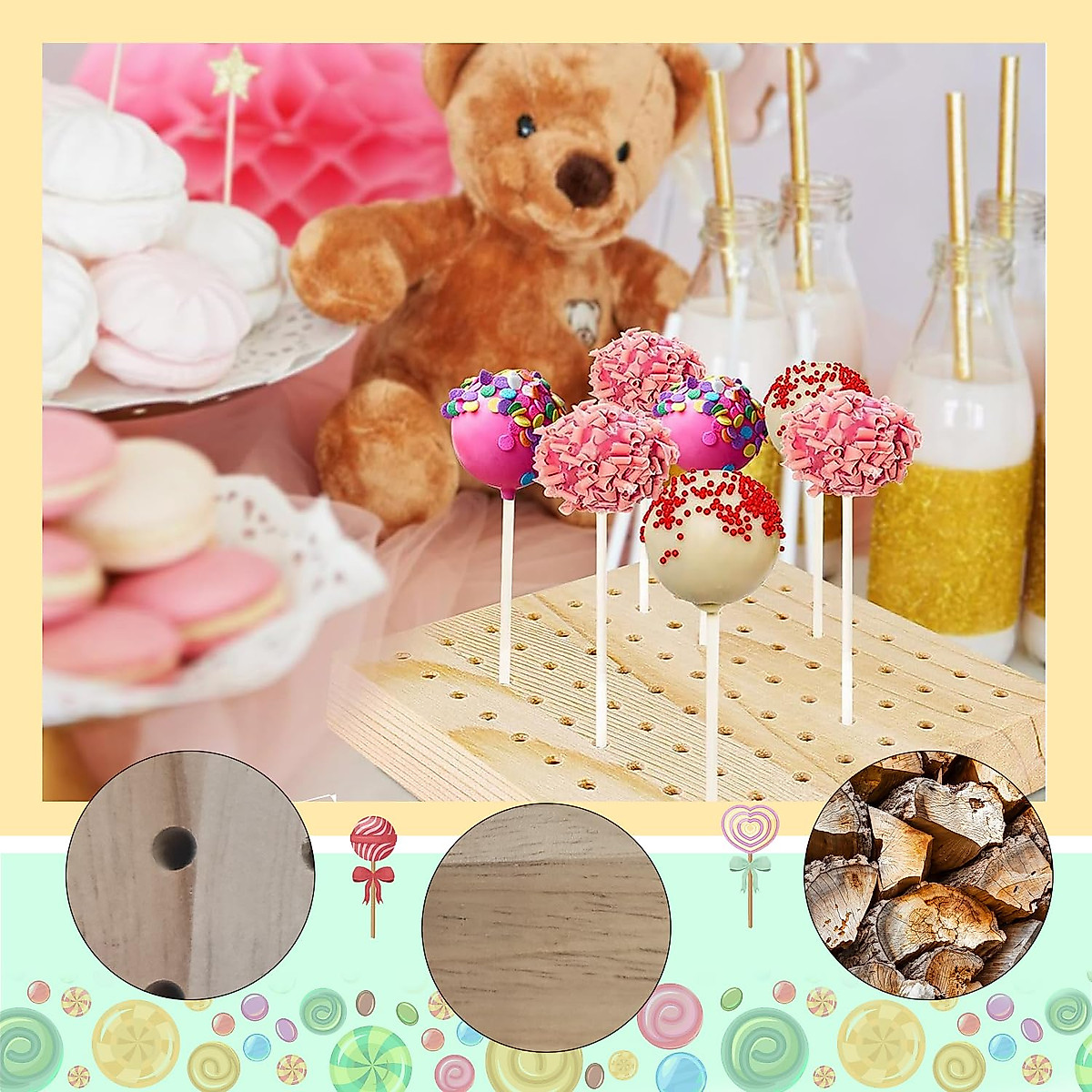 Cake Pop Stand 3 Pack Wooden Cakepops Stand Display Holder 56 Holes Wood Lollipop Holder Stand Decorative Candy, for Party, Birthday, Weddings, Anniversaries, Baby Showers, Fit 4mm Lollipop Sticks