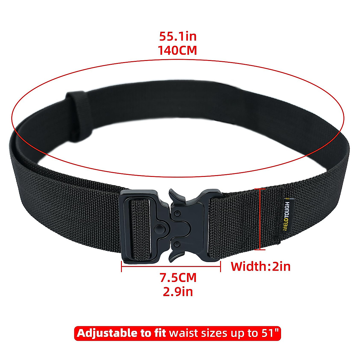 MELOTOUGH 2" Nylon Web Work Tool Belt for Men with Heavy Duty Quick Release Rugged Metal Buckle outdoor men's belt Tool Belts (Black)