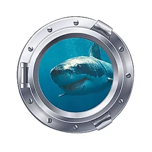 DNVEN Shark Porthole Wall Decals Under The Sea Jaws Window View Faux Submarine Removable Murals Stickers for Bedrooms Kids Boys Room Decor Nursery 18 inches x 18 inches