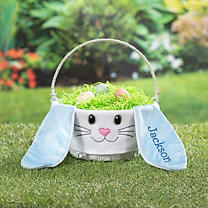 Personalized Floppy Ear Easter Egg Basket with Handle and Custom Name | Boy Bunny Easter Basket Liners | White Basket | Woven Easter Baskets for Kids | Customized Easter Basket | Gift for Easter