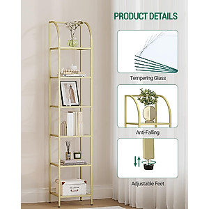 Hzuaneri Bookcase Bookshelf, Tempered Glass Arched Bookshelf for More Storage, Slim Shelving Unit for Bedroom, Bathroom, Home Office, Steel Frame, 6 Tier Gold BC20699G