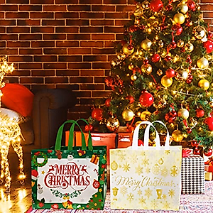 MISS FANTASY 12 Pack Durable Christmas Non-Woven Tote Bags 4 Patterns Reusable Grocery Bags Xmas Party Favors or Shopping Use Christmas Theme 12.8W x 9.8H x 2.8D (Red Blue Green and Golden)