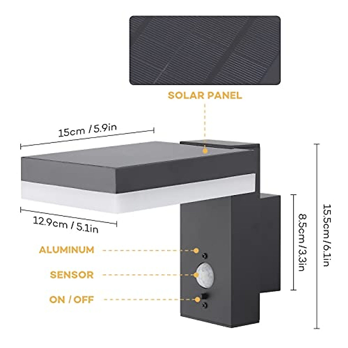 TJCoLUX Outdoor Solar Wall Light with Motion Sensor, 3 Modes IP44 Waterproof 4000K Exterior Aluminum Black Wireless Light Fixture for Garden, Yard, Porch, Patio