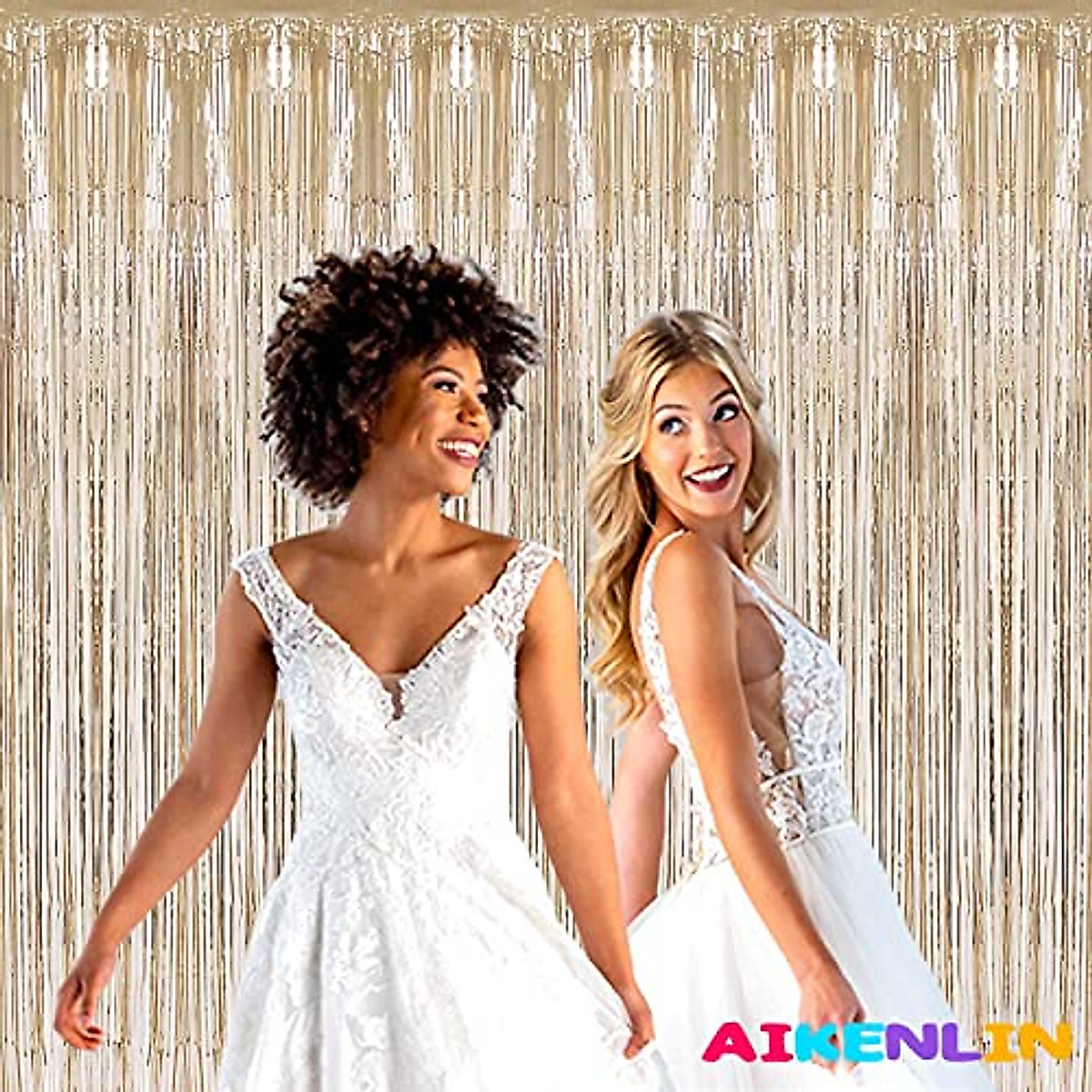 4 Pack 3.3Ft x 6.6Ft Champagne Gold Foil Fringe Curtain Backdrop, Metallic Tinsel Foil Fringe Streamers Curtains Background for Photo Booth, Birthday, Wedding, Halloween, Christmas Party Decoration