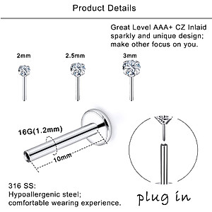 Lcolyoli 16G Threadless Push in Nose Rings Studs for Women Diamond CZ 2mm 2.5mm 3mm Surgical Steel Cartilage Earrings Tragus Earrings Helix Piercing Jewelry Threadless Earring 10mm 3/8inch