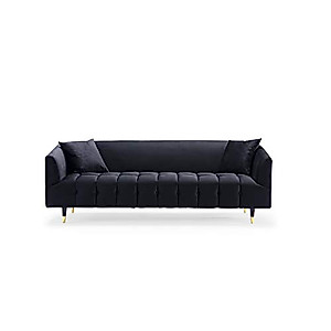 Iconic Home Julia Sofa Velvet Upholstered Channel-Quilted Button Tufted Cushion Shelter Arm Design Espresso Finish Gold Tip Wood Legs Modern Contemporary, Black