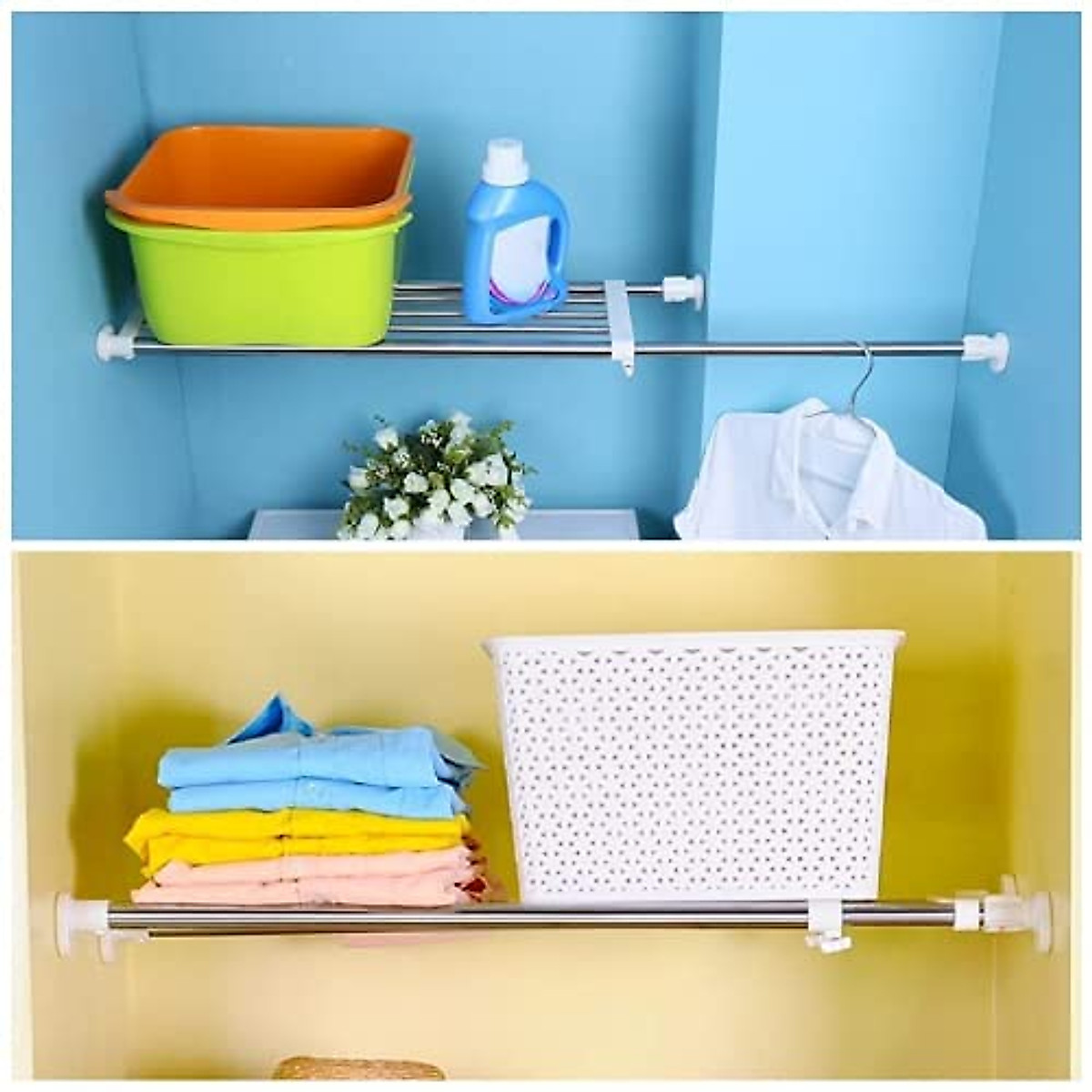 BAOYOUNI Tension Rod Shelf Expandable Closet Organizer Heavy Duty Adjustable Clothes Hanger Rack DIY Space Saver Layered Separator Divider 27.17''-36.02'', Ivory