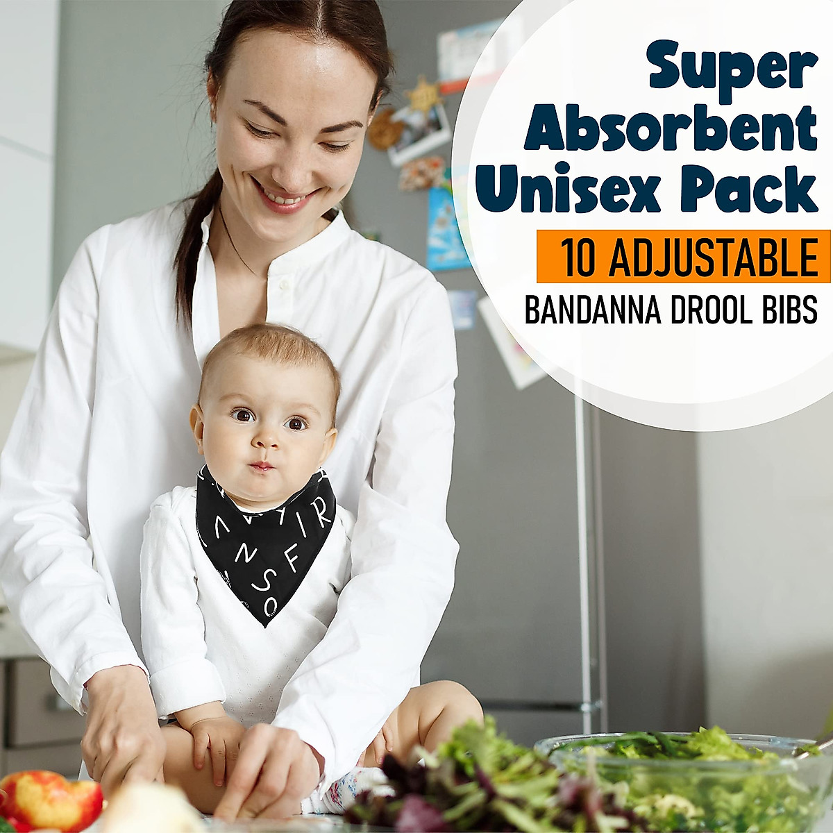 TOONTINY Baby Bandana Bibs Boy & Girl - Pack of 10 Baby Bibs 100% Organic, Super Absorbent Unisex Adjustable Bandanna Drool Bibs - Toddler Teething Bibs for Newborn & Infant Babies