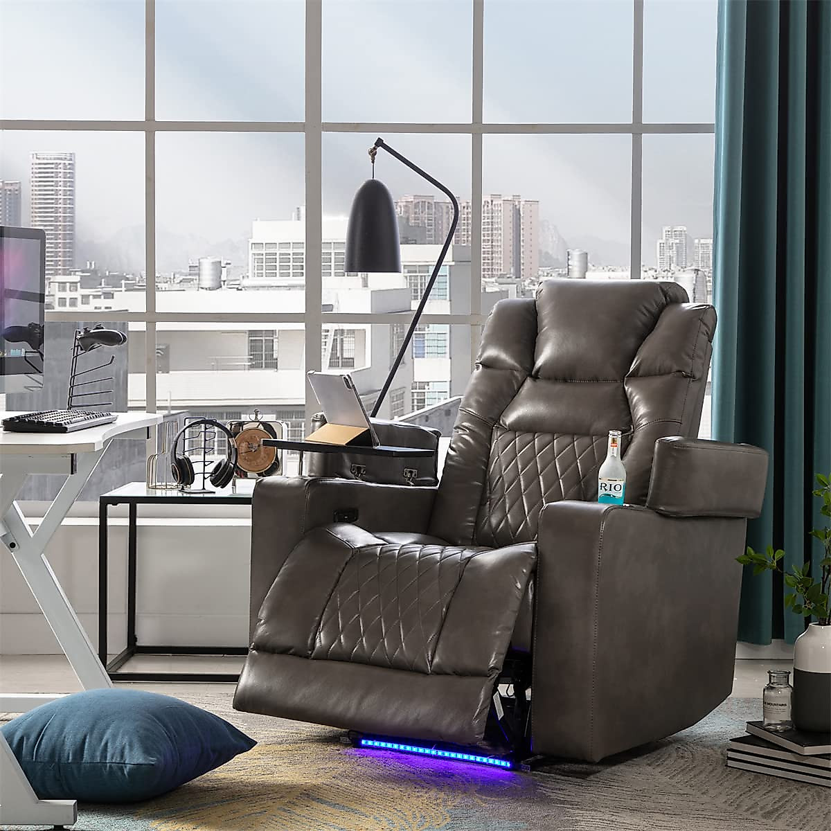 TRIPLE TREE Power Motion Recliner with Ambient Lighting, USB Charge Port, 360° Swivel Tray Table, Hand in-Arm Storage, 2 Convenient Cup Holders, Gaming Recliner Chair Home Theater Seating, Grey