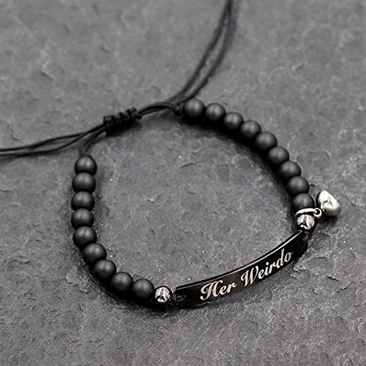 Uloveido His Crazy Her Weirdo Couple Bracelets Stainless Steel ID and Natural Beads Handmade Braided Rope Bracelet Set for Men Women Adjustable (His Crazy Her Weirdo)