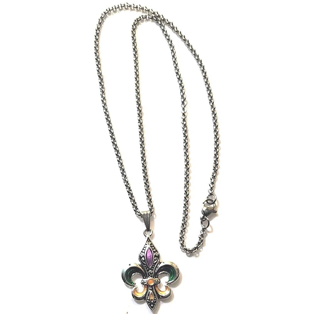 DianaL Boutique Fleur De Lis Mardi Gras Pendant Necklace with 18" Stainless Steel Chain Gift Boxed Fashion Jewelry