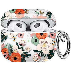 Maxjoy for AirPods 3 Case Cover, Flower Clear Cute Air Pod 3rd Generation Case for Women Girls with Keychain Protective Hard iPods 3 Gen Cover Designed for Apple AirPod 3rd Gen 2021, Floral