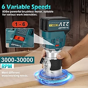 SundpeyPRO Cordless Brushless Router Tool - 21V Compact Wood Router with 2 Pack 4.0Ah Batteries - Handheld Plunge Router Trim Router for Woodworking - 6 Variable Speed & Fixed Base & Edge Guide