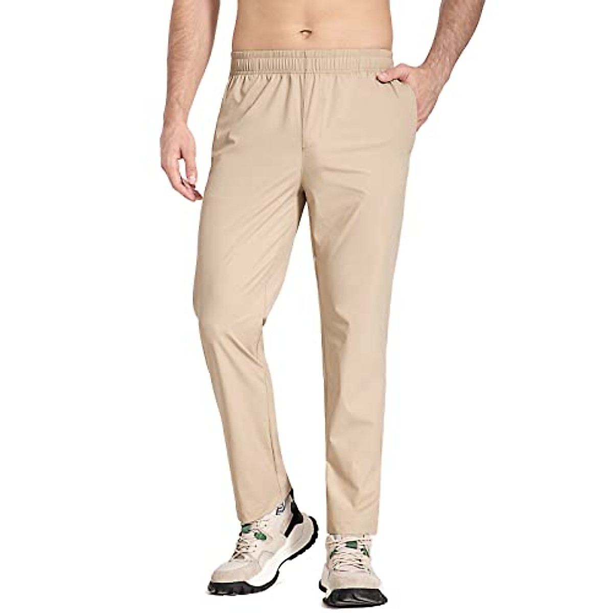 BALEAF Men's Running Pants Elastic Waist Lightweight Jogging Stretch Golf Workout Pants with Zipper Pockets Khaki XL