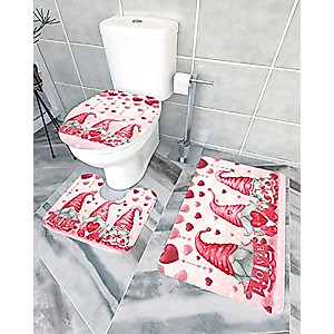 Valentines Gnome Bathroom Rugs Sets Love Heart Pink Bath Mats Set with Toilet Lid Cover Non Slip Bathroom Mat, U-Shaped Contour Toilet Mat, 3 Piece Bathroom Rugs for Valentiens Day Decor Red Pink Mat