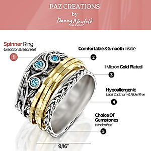 Paz Creations 925 Sterling Silver Spinner Ring with Blue Topaz Gemstone, Anxiety Ring/Boho Ring with 14K Gold Fidget Ring, 925 Sterling Silver Rings for Women (S 7)
