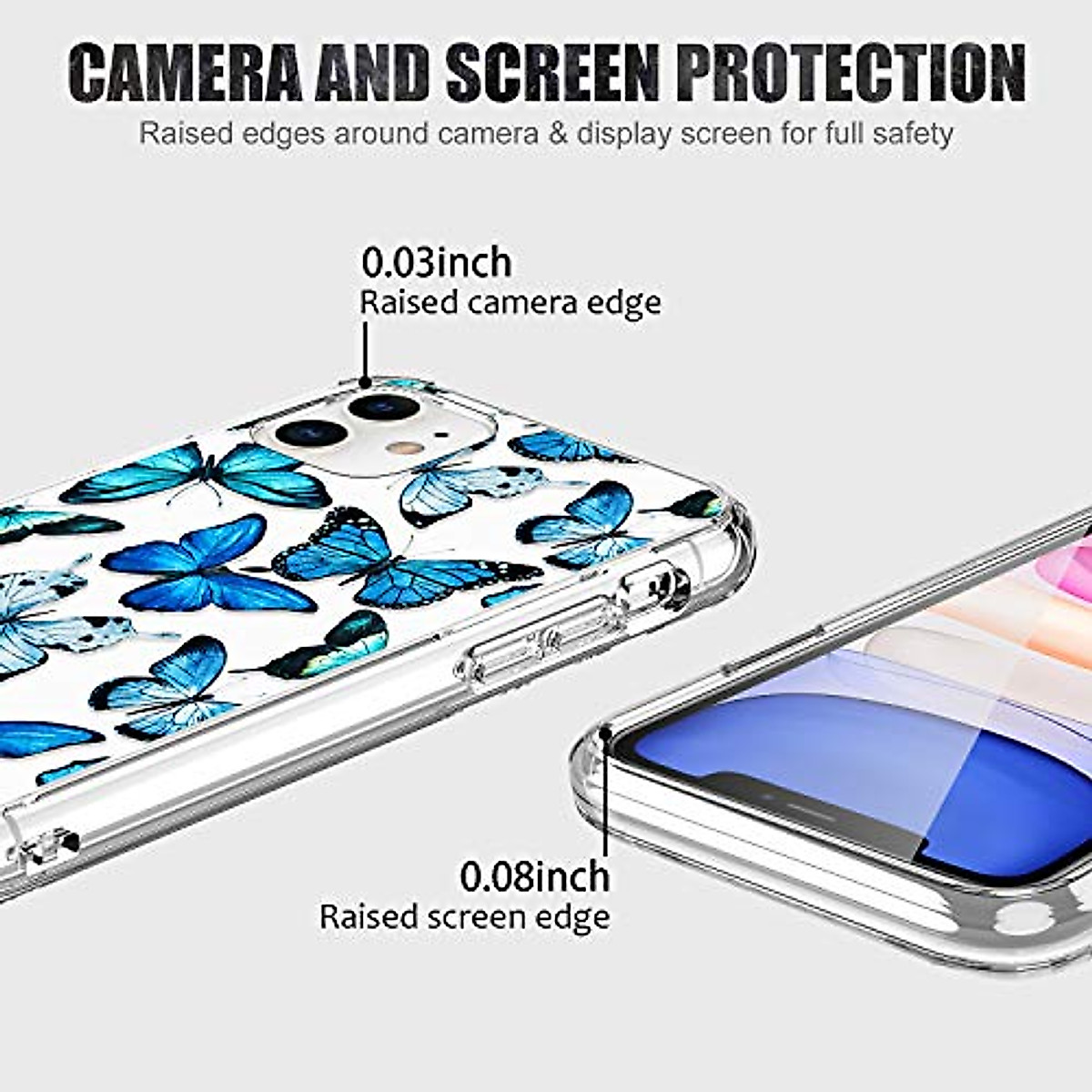 LUHOURI LUHOURI iPhone 11 Case with Screen Protector, Clear Fashion Designs Protective Phone Cover for Women Girls, Slim Fit Durable Acrylic Phone Case for iPhone 11 6.1" Blue Butterflies Flower