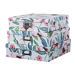 Soul & Lane Decorative Cardboard Storage Boxes With Lids for Home Décor - Set of 3: Floral Photo Storage Box, Paperboard Letter Box, Nesting Scrapbook Paper Storage, Memory Box For Keepsakes