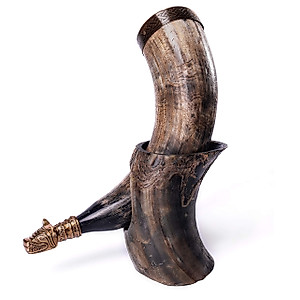 Norse Tradesman Genuine 12" Ox-Horn Viking Drinking Horn with Antique Brass Rim & Wolf Tip, Brown Leather Belt Holster, Fitted Horn Stand & Burlap Gift Sack - The Fenrir, 12-Inches, Low Polish