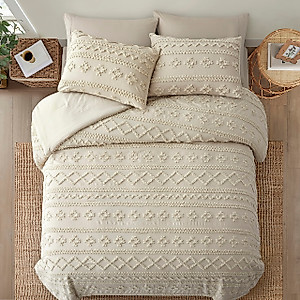 Oli Anderson Beige Queen Comforter Set Tufted Bedding Set Queen 3 Pieces, Boho Shabby Chic Comforter with 2 Pillowcases (Beige,Queen)