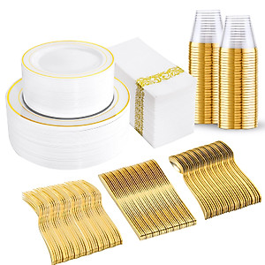 bUCLA 350PCS Gold Plastic Dinnerware Set - Gold Plastic Plates Disposable for 50 Guests Include 50 Dinner Plates,50 Dessert Plates,50 Forks,50 Knives,50 Spoons,50 Cups&50 Napkins for Party