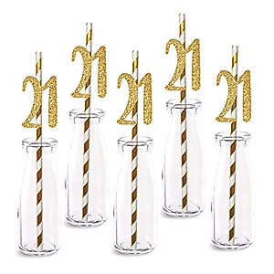 21st Birthday Paper Straw Decor, 24-Pack Real Gold Glitter Cut-Out Numbers Happy 21 Years Party Decorative Straws