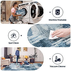 Area Rugs 9x12 Living Room: Large Abstract Living Room Rug with Non Slip Back Bedroom Rug Soft Indoor Floor Thin Carpet for Under Dining Table Stain Resistant Modern Rug for Nursery Home Office Blue