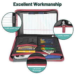 AKAYOK Padfolio for Women, Zippered Business Portfolio, Leather Padfolio Binder 5.3 x 8 inch Writing Pad, Business Portfolio Organizer, Small Padfolio with Clipboard (Red)