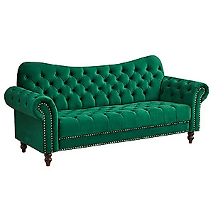 INSTORY Velvet Sofa Traditional Couch Tufted Loveseat with Wooden Legs for Living Room, Office, Bedroom - Green