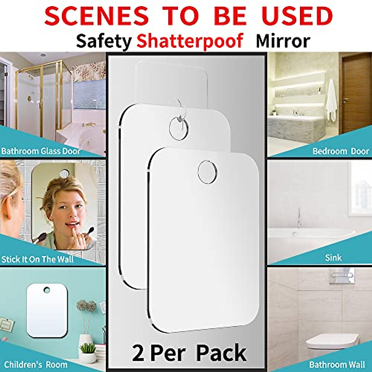 Shatterproof Shower Mirror Fogless for Shaving(2 Pack,Larger 10.7x8 inch)43% Than Original,Unbreakable Deluxe Plexiglass Makeup Mirror,Largest Bathroom Wall Hanging,Portable Handheld Camping,Silver