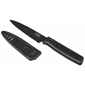 Kuhn Rikon Straight Paring Knife with Safety Sheath, 4 inch/10.16 cm Blade, Black