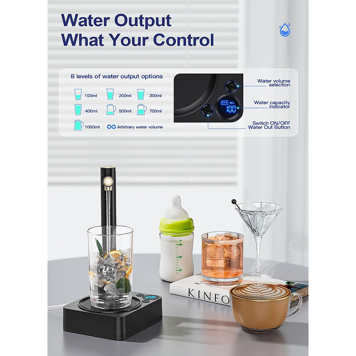 Desktop Water Dispenser,Rechargeable Desktop Water Bottle Dispenser, Portable Bedside Water Dispenser for 5 Gallon Bottle, 2000mAh Countertop Automatic Water Dispenser Water Jug Pump (Black)