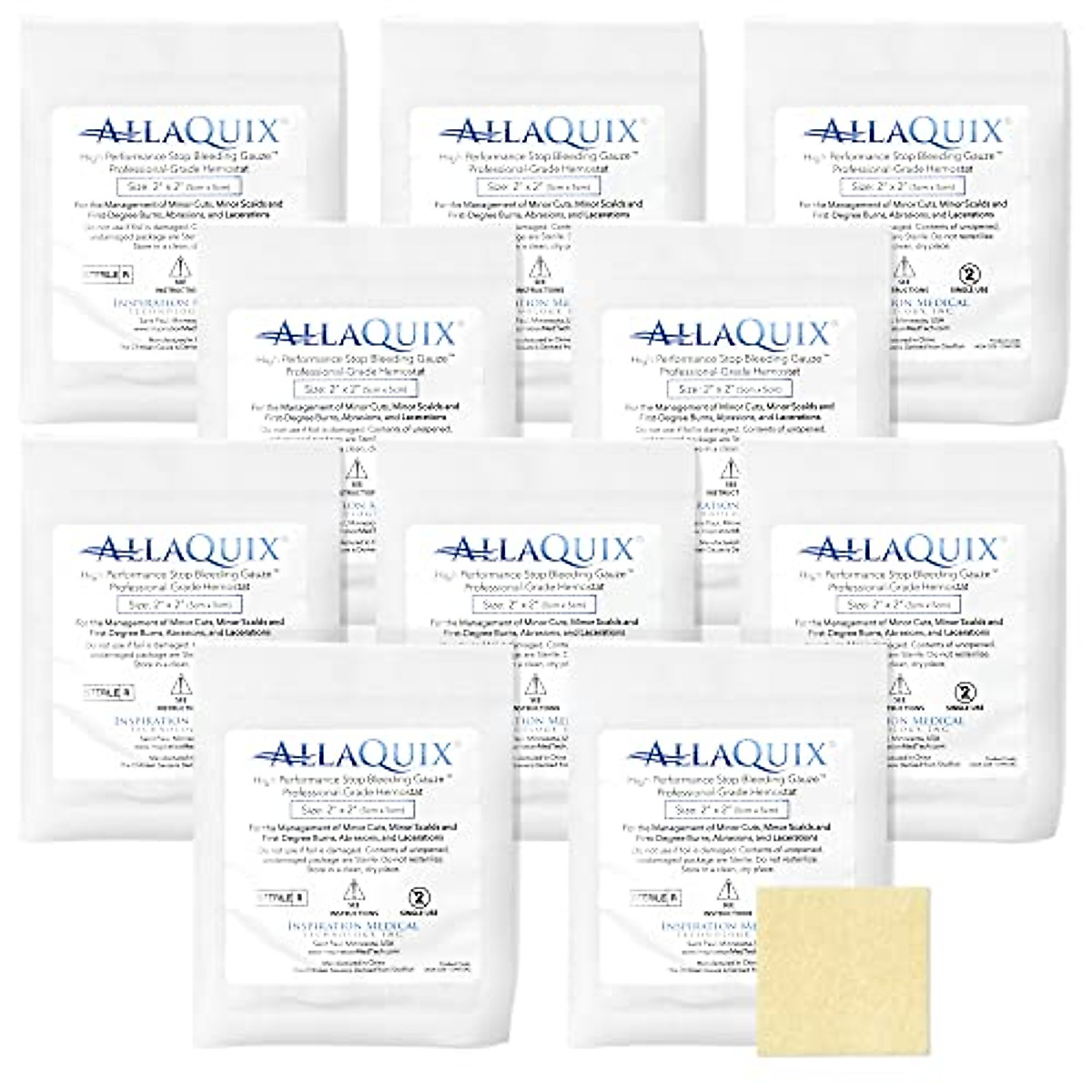 AllaQuix High Performance Stop Bleeding Gauze - Large (2"x2"Square) - (10-Pack) Professional-Grade First-Aid Hemostatic Gauze (Blood Clotting Bandage)