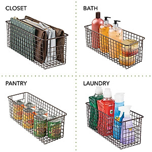 mDesign Household Metal Wire Narow Storage Organizer Bin Basket Holder with Handles - for Closets, Entryways, Mudrooms, Kitchen Pantry, Under Sink Cabinets, Bathrooms - 16" x 5" x 6" - 6 Pack - Bronze