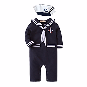 XM Nyan May's Baby Boys Nautical Sailor Navy Long Sleeve Jumpsuit and Hat