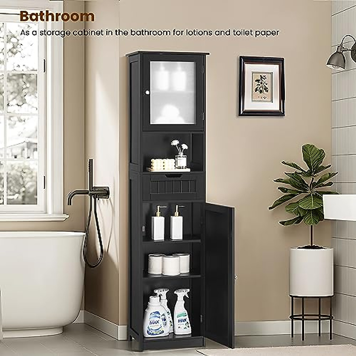 Iwell 67.2" H Tall Bathroom Storage Cabinet with 2 Doors & 1 Drawer, Bathroom Cabinet with 4 Shelves, Narrow Linen Cabinet for Living Room, Bathroom, Kitchen, Black