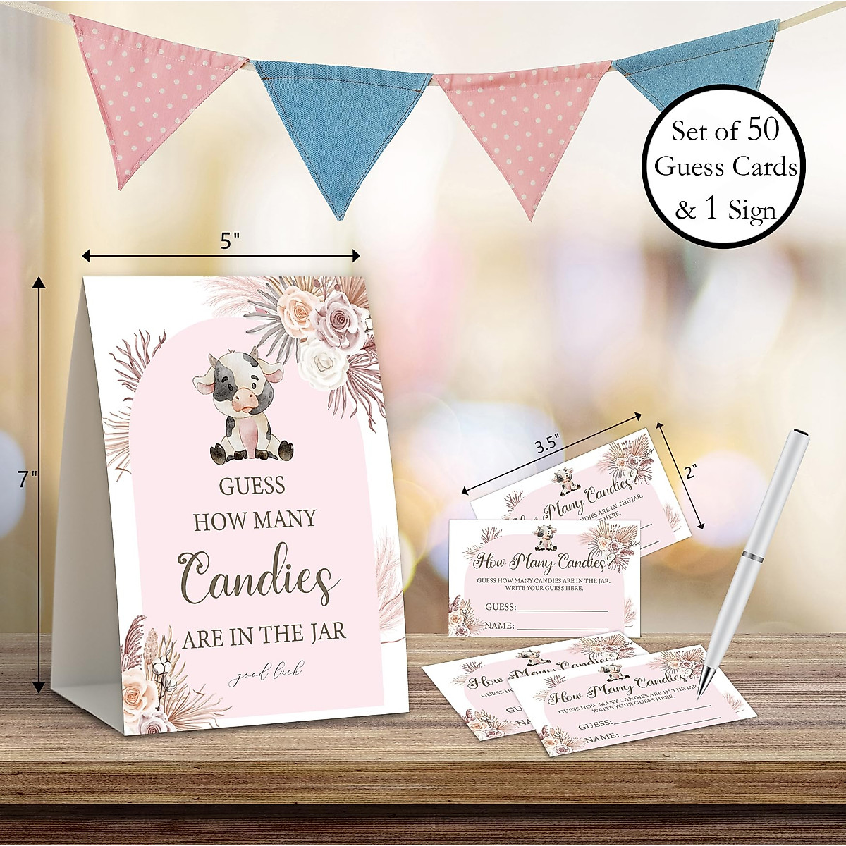 Boho Cow Shower Game,Guess How Many Candies,Baby Shower Games,Wedding Shower Games,Baby Shower Decorations Gender Neutral,Bridal Shower Decoration,Birthday Party Game,50 guess Cards & 1 Sign -12