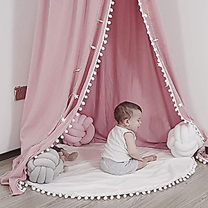 LOAOL Kids Bed Canopy with Pom Pom Cotton Canopy for Crib Baby Girl Netting Cover Canopy Crib Curtain Reading Nook Hanging Tent Nursery Play Game Castle House Decoration (Pink Pompom)
