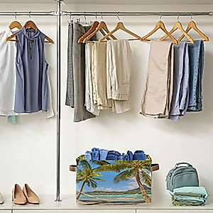 AUUXVA Palm Trees Tropical Beach Sea Storage Basket Large Foldable Storage Organizer Cubes Bins with Leather Handles Sturdy Collapsible Boxes for Shelf Cloth Toy Closet-1 Pack