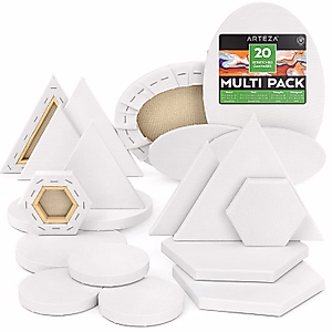 ARTEZA Stretched Canvas, Multipack of 20, Round, Oval, Triangle, and Hexagonal Canvas, Blank White Canvas Boards for Acrylic, Oil and Gouache Painting