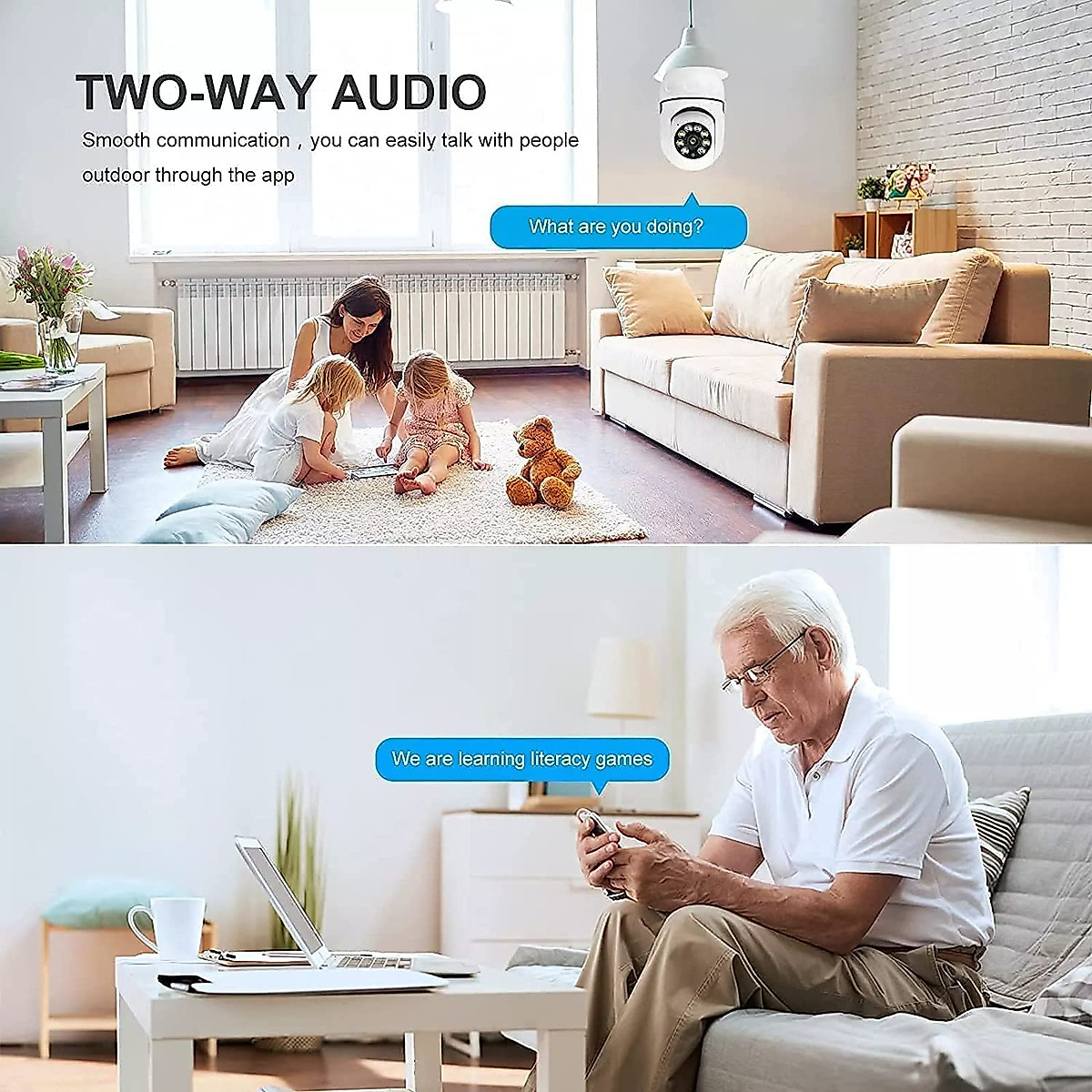 WiFi Light Bulb Camera/1080P Security Camera/2.4GHz WiFi Smart 360°Panoramic Indoor Surveillance Camera with Night Vision Motion Detection Alarm Two-Way-Talk Phone Remote View Outdoor (White-1pcs)