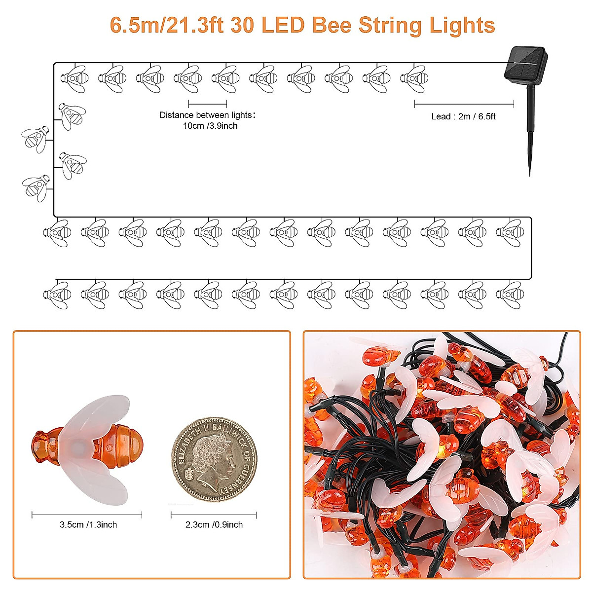 BLOOMWIN Solar String Lights, 30 LED Outdoor Waterproof Simulation Honey Bees Decor, 21.3ft 8 Modes Fairy Lights Hanging Decorative for Garden,Christmas, Patio Yard, Party, Warm White