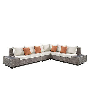 DHPM Furniture PE Brown Rattan Wicker Sectional Outdoor Sofa Set Outside Couch w/Washable Seat Cushions & Modern Glass Wedge Table for Patio, Backyard, Gray